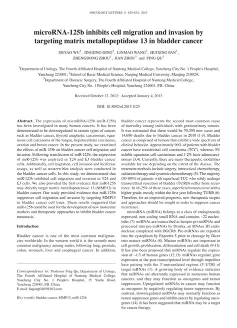 Pdf Microrna 125b Inhibits Cell Migration And Invasion By Targeting