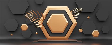 제품 프리젠 테이션을위한 3d 수평 배경 연단인테리어 빈 제품은 야자수 잎과 육각형으로 검은 색과 황금색을 서 있습니다 0명에 대한 스톡 사진 및 기타 이미지 Istock