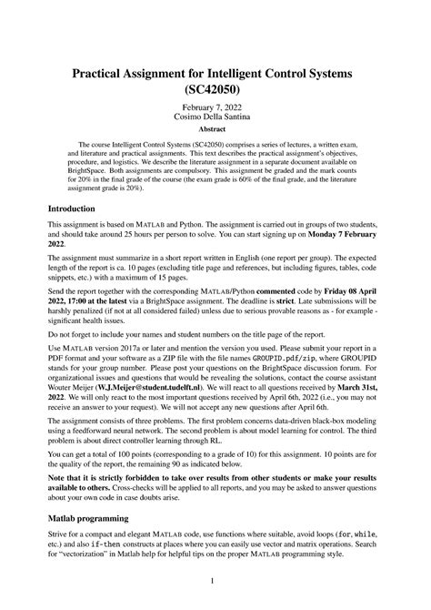 Practical Assignment 2022 Practical Assignment For Intelligent Control Systems Sc42050