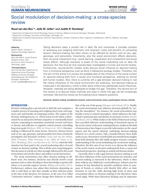 Pdf Social Modulation Of Decision Making A Cross Species Review