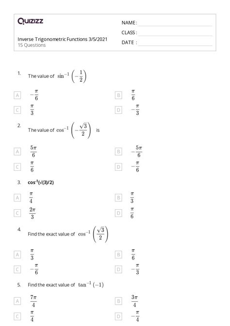 50 Inverse Trigonometric Functions Worksheets For 11th Grade On Quizizz Free And Printable
