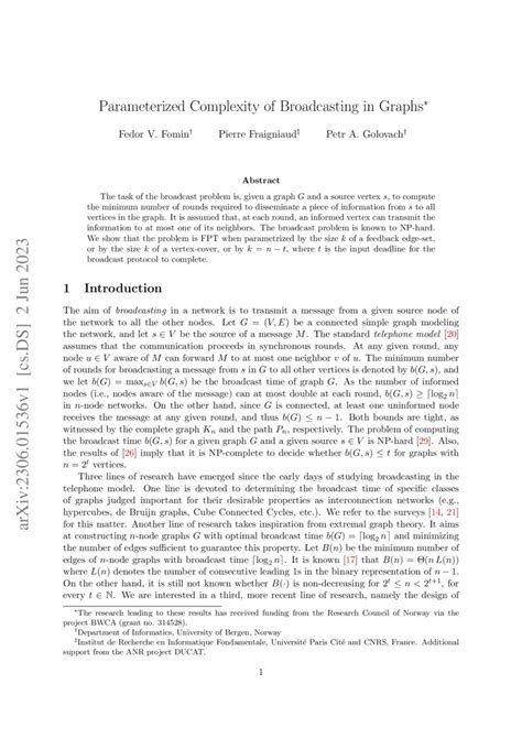 Parameterized Complexity Of Broadcasting In Graphs Deepai