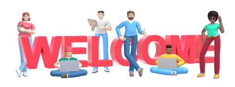 흰색 배경에 노트북 태블릿 전화 및 단어 환영과 젊은 다민족 성공적인 사람들의 그룹 수평 배너 만화 캐릭터 와 텍스트 웹 사이트 슬로건 3d 렌더링 공동체에 대한 스톡 사진