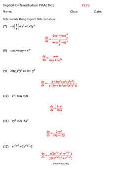 Implicit Differentiation 12 Problems Keys Practice Or Homework