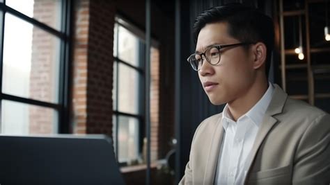 Premium Photo Asian Man Working On Computer Created With Generative