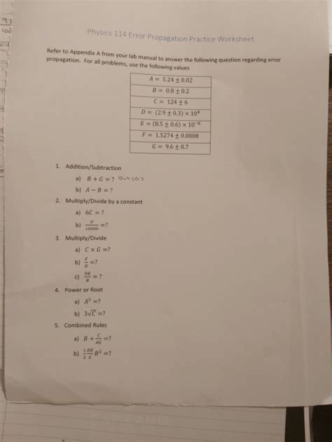 Solved 59 Physics 114 Error Propagation Practice Worksheet