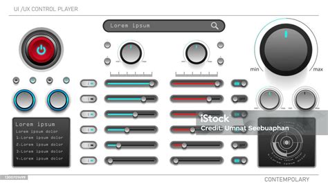 컨트롤 Playerui Ux 디자인 키트용 사용자 인터페이스 요소 표시등 슬라이딩 버튼 왼쪽 오른쪽회전 버튼 흰색현대디자인 음향 조절기에 대한 스톡 벡터 아트 및 기타