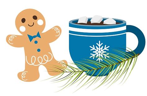 크리스마스 이야기 시간 진저 브레드 맨과 전나무 가지 옆에있는 마시멜로를 곁들인 커피 한 잔 크리스마스와 새해 벡터 구성입니다 0명에 대한 스톡 벡터 아트 및 기타 이미지