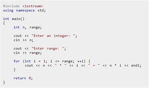 Display Multiplication Table Up To A Given Range In C