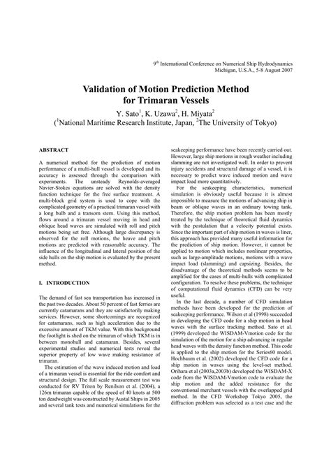 Pdf Validation Of Motion Prediction Method For Trimaran Vessels