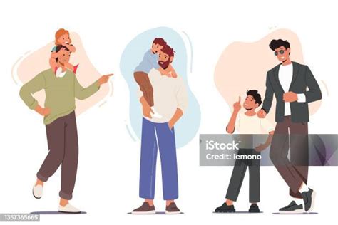 아이들과 함께 행복한 아버지를 설정 본딩 사랑 가족 캐릭터 아빠 아들 또는 딸은 함께 시간을 보내고 재미 아버지에 대한 스톡 벡터 아트 및 기타 이미지 Istock