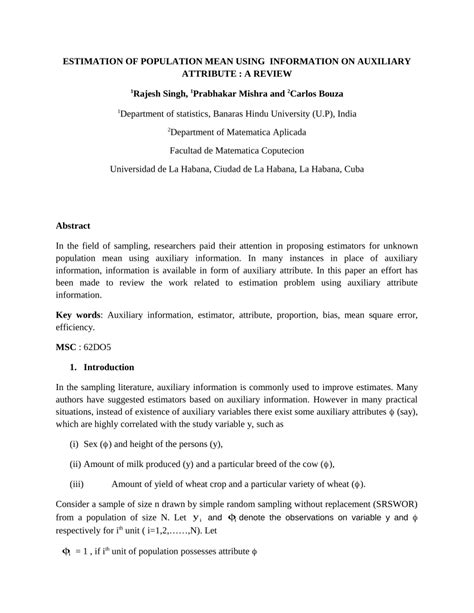 Pdf Estimation Of Population Mean Using Information On Auxiliary