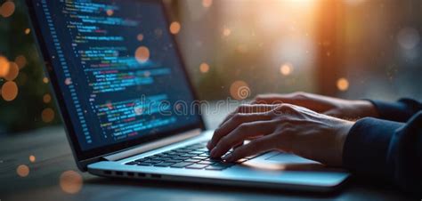 Front End Developer Coding On Laptop Programmer Hands Type Software Code Web Page Concept For