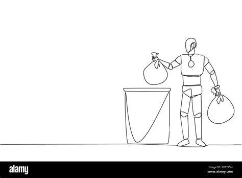 Single Continuous Line Drawing Robot Puts The Trash Bag Into The Trash