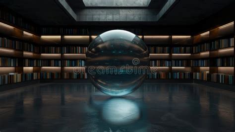 futuristic library with floating sphere stock illustration