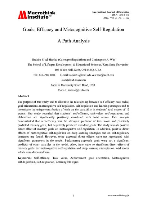 Pdf Goals Efficacy And Metacognitive Self Regulation A Path Analysis