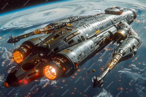 Premium Photo Futuristic Spacecraft Orbiting Planet With Thrusters Engaged Detailed Sci Fi
