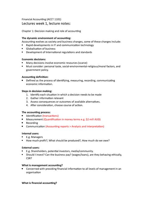 Acct 1101 Lecture Notes Week 1 Financial Accounting Acct 1101 Lectures Week 1 Lecture Notes