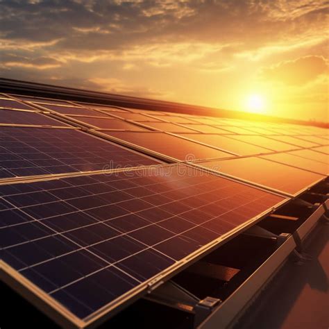 ai generated illustration of a solar panel array with the sun setting