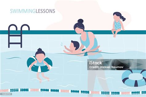 코치 여자는 아이들 수영 수업을 가르치고 있습니다 수영장에서 학교 아이들 그룹 수영장에서 행복한 작은 아이 캐릭터 고무 반지를