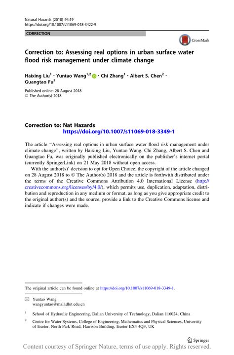 Correction To Assessing Real Options In Urban Surface Water Flood Risk Management Under Climate