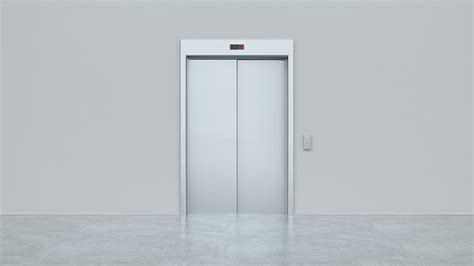 사무실 바닥 내부 모의 전면 보기에 빈 실버 폐쇄 엘리베이터 폐쇄 금속 문이있는 현대적인 리프트 비즈니스 센터 또는 호텔 리프팅 템플릿 성공과 가능성 개념 3d 렌더 0명에