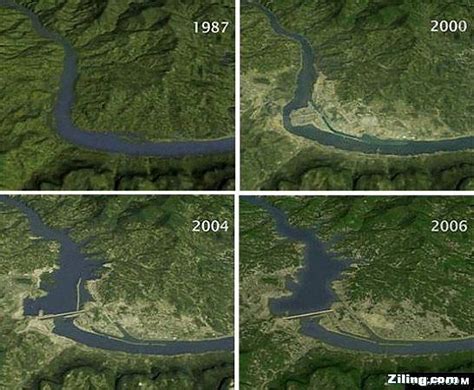 三峡大坝建成前后库区植被情况对比（图片源于nasa） 雪球