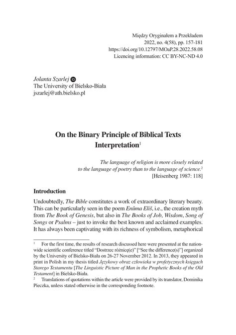Pdf On The Binary Principle Of Biblical Texts Interpretation