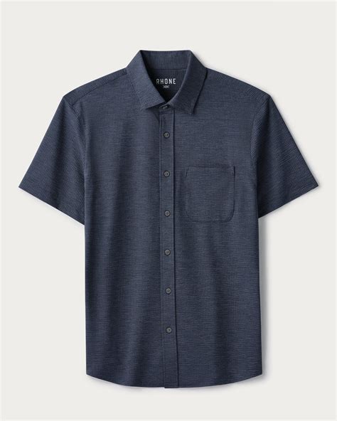 Rhone Commuter Seersucker Short Sleeve Button Down Navy Chambray