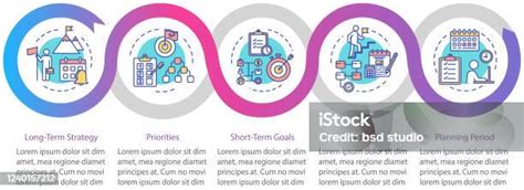 장기 전략 벡터 인포그래픽 템플릿입니다 목표 프리젠 테이션 디자인 요소를 달성 5단계의 데이터 시각화 프로세스 타임 라인 차트 선형 아이콘이 있는 워크플로 레이아웃 0명에