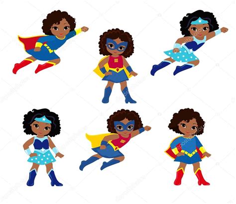 ©아프리카계 미국인 귀여운 슈퍼 히어로 여자 벡터 클립 아트 세트 Sandylevtov의 74310209 스톡 일러스트레이션