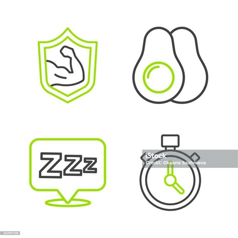 세트 라인 스톱워치 졸린 아보카도 과일 및 보디 빌더 근육 아이콘 벡터 건강한 생활방식에 대한 스톡 벡터 아트 및 기타 이미지 건강한 생활방식 계시기 과일 Istock