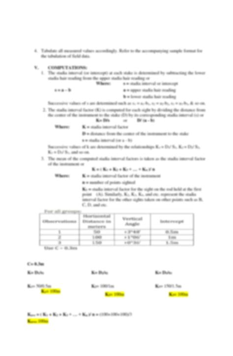 Solution Surveying Laboratory Exercise Determining Stadia Interval