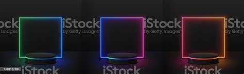 빨강 초록 파랑 노랑 네온 조명 사각형 배경이 있는 3d 사실적인 검은색 실린더 연단 세트 벽 최소 장면 모형 제품 무대 진열장