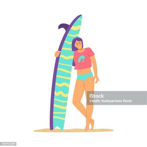 서핑 보드 또는 롱 보드와 함께 서 여자 평평한 벡터 일러스트 고립 관광 리조트에 대한 스톡 벡터 아트 및 기타 이미지 관광 리조트 귀여운 널판지 Istock