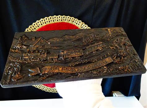 Медна картина пано Влак железница Антиквариат Русе Немска релефна медна картина мед