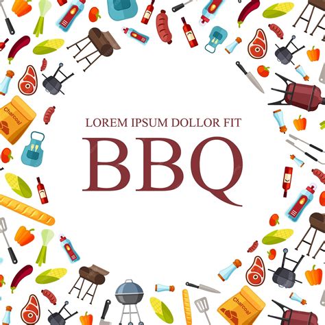 바베큐 기호가 있는 바베큐 배경 장식 템플릿 구이 제품 및 주방 용품은 휴식 시간 벡터 만화 그림을 원형 형태로 제공합니다 프리미엄 벡터