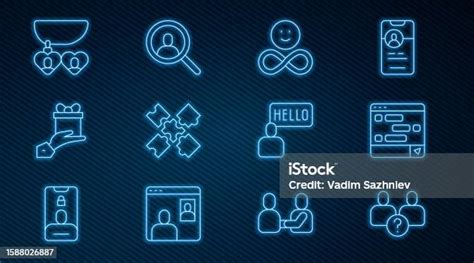 복잡한 관계 채팅 메시지 노트북 영원한 친구 퍼즐 조각 장난감 선물 제공 하트 모양의 목걸이 지인 및 돋보기 검색 아이콘을 설정합니다 벡터 1위에 대한 스톡 벡터 아트 및