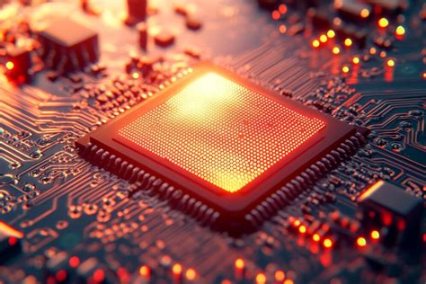 Close Up Of A Glowing Microchip On A Circuit Board Illuminated By Red