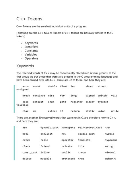 c tokens pdf c reserved word