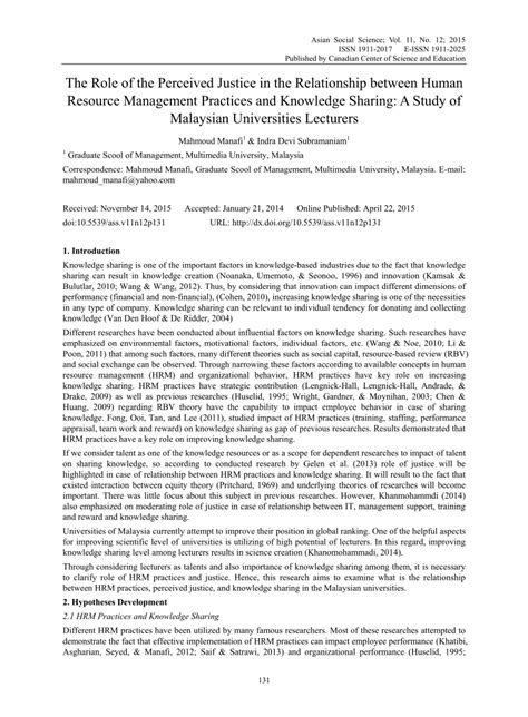 Pdf The Role Of The Perceived Justice In The Relationship Between Human Resource Management