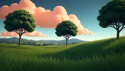 Premium Photo A Painting Of Trees And Grass With A Pink Sky In The Background