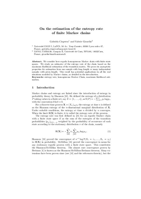 Pdf On The Estimation Of The Entropy Rate Of Finite Markov Chains