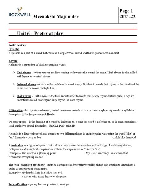 Notes Unit 6 Pdf Poetry Rhyme