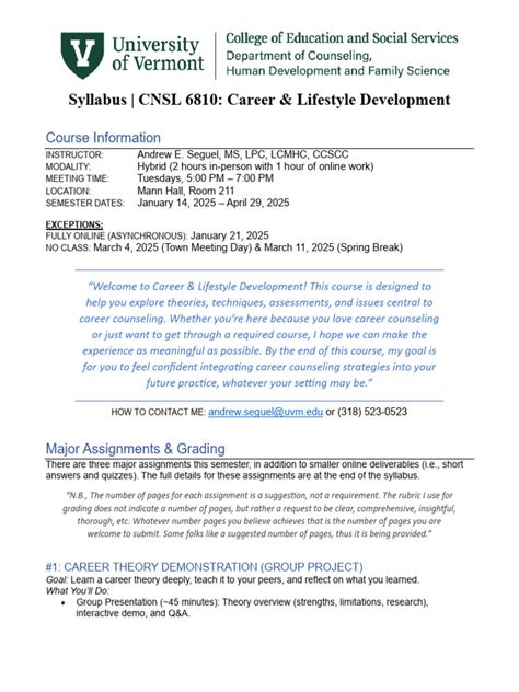 uvm course career and lifestyle development syllabus pdf theory identity social science