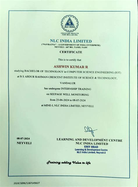 Ashwin Kumar On Linkedin Internship Iot Seepagewellmonitoring Nlcindia Techskills