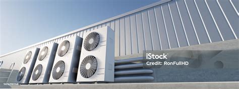 산업 플랜트 공장의 옥상에 있는 응축기 장치 또는 압축기의 3d 렌더링 Ac 또는 에어컨 Hvac 또는 난방 환기 및 에어컨 시스템 장치 모터 펌프 및 팬 내부 에어컨에