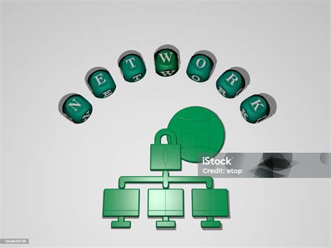 개념 및 프리젠 테이션의 관련 의미에 대한 금속 주사위 문자로 만든 아이콘 주위에 네트워크 그래픽과 텍스트의 3d 그림 배경 및 비즈니스 연결에 대한 스톡 사진 및 기타