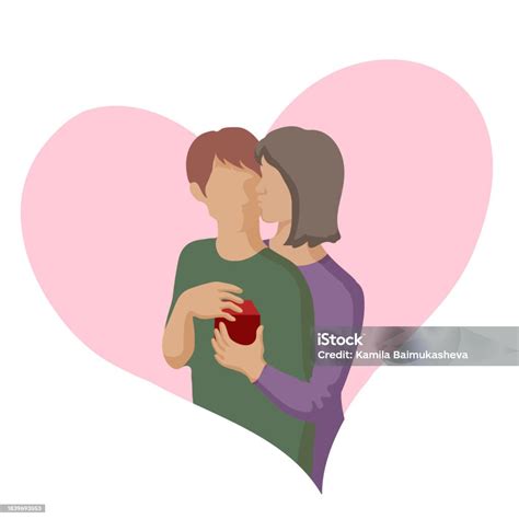 남자와 여자 여자는 빨간 선물 상자를 주면서 남자의 뺨에 키스를 하고 서 있습니다 사랑에 빠진 여자가 애인 남자에게 선물을 준다 개념에 대한 스톡 벡터 아트 및 기타 이미지