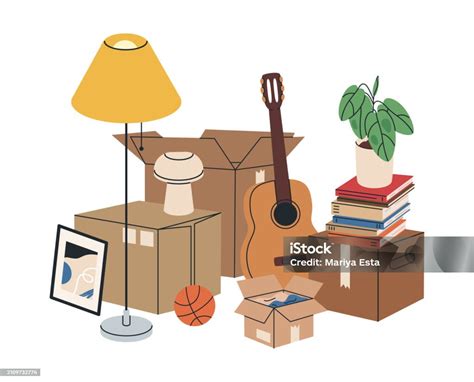 판지 이동 상자 골 판지 상자 옷 책 책 화분에 심은 식물 평면 벡터 일러스트 레이 션과 함께 물건을 이동합니다 흰색의 새로운 집 이사 개념 개체 그룹에 대한 스톡 벡터